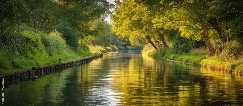 A river flows through a lush forest with trees lining both sides ...