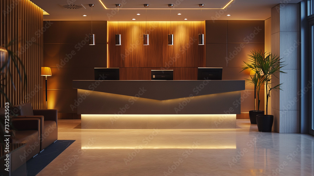 Contemporary hotel lobby featuring a striking reception desk with ...