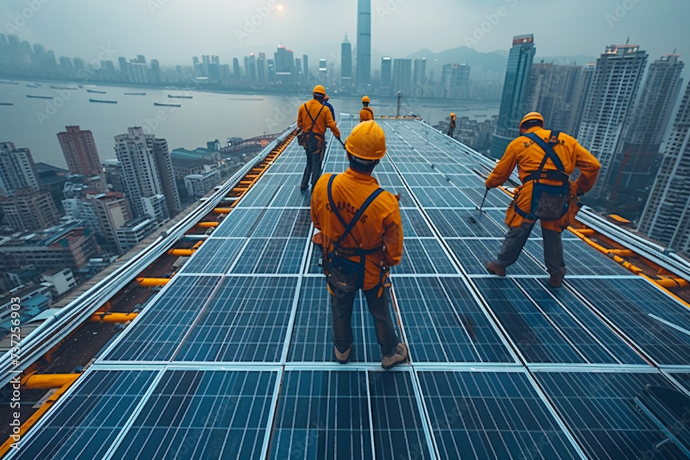 Technicians Maintaining Solar Panels on Skyscraper. Maintenance crew in ...