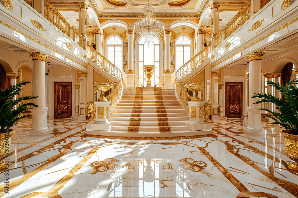 an opulent foyer in a luxury estate with floors and walls clad in ...