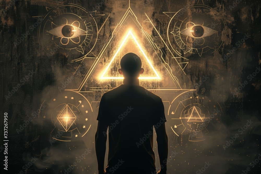 Silhouette of a Man in Mystical View around Occult Symbols Triangle Eye ...