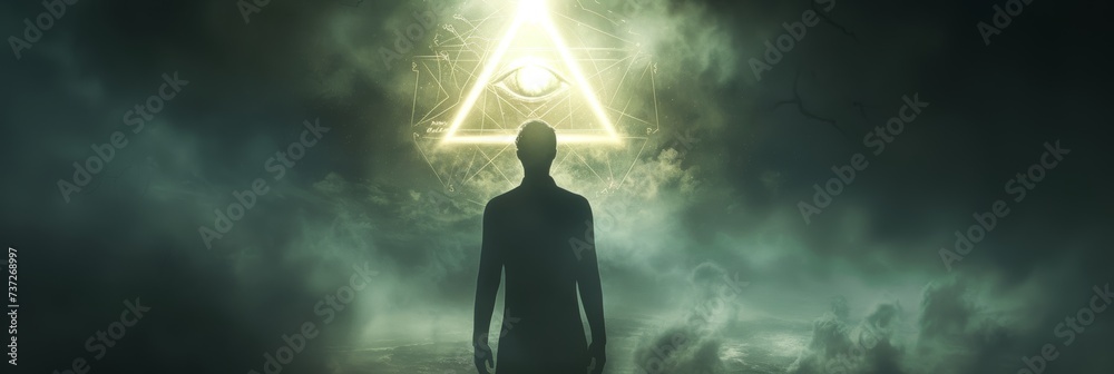 Silhouette of a Man in Mystical View around Occult Symbols Triangle Eye ...