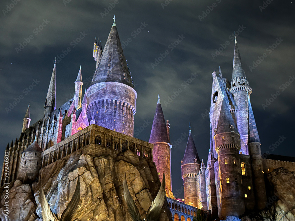 Night view of Hogwarts Castle at the Wizarding World of Harry Potter in ...