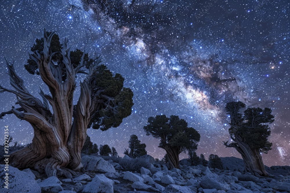 An ancient bristlecone pine forest under a star-filled night sky ...