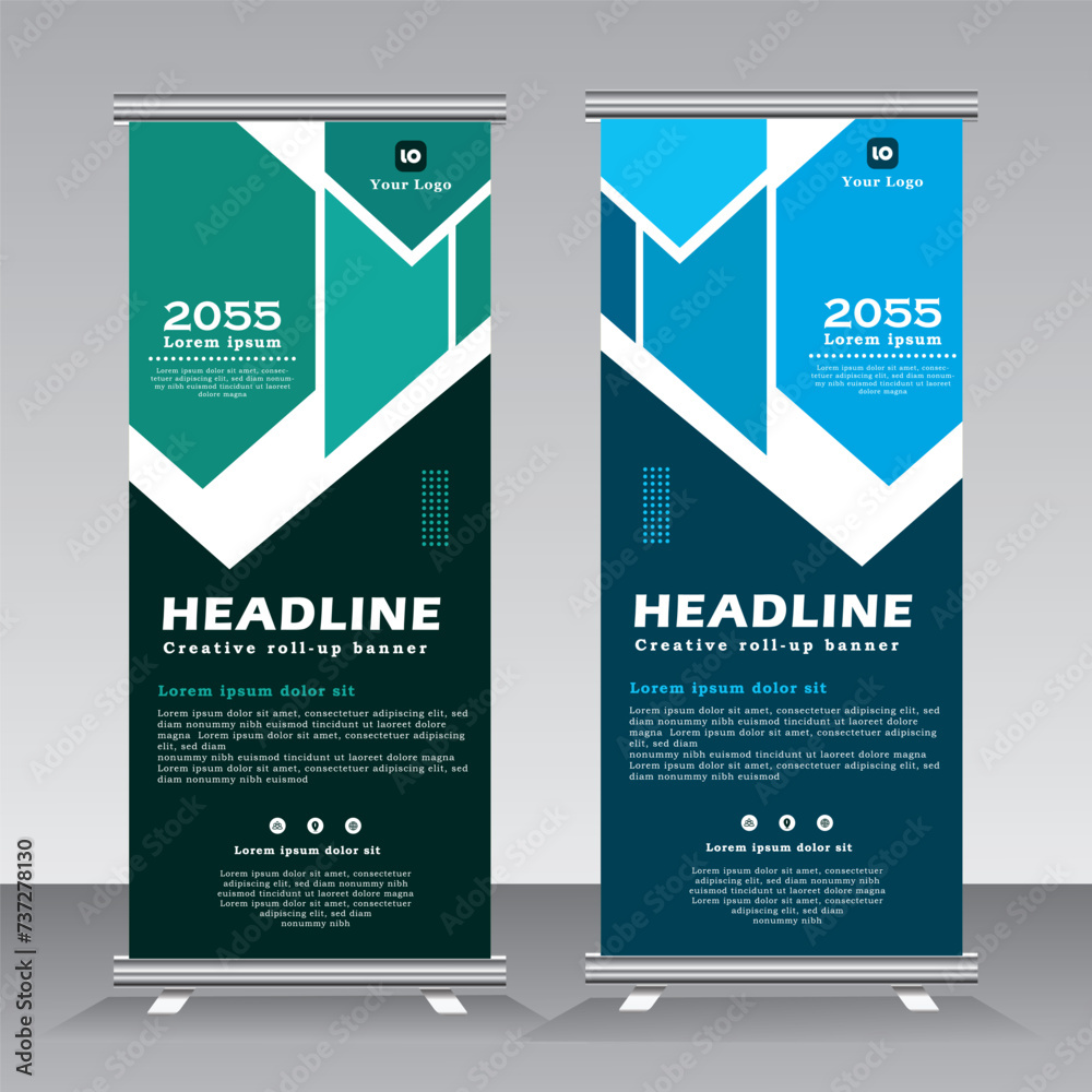 Roll up banner stand design with abstract geometric shape, green and ...