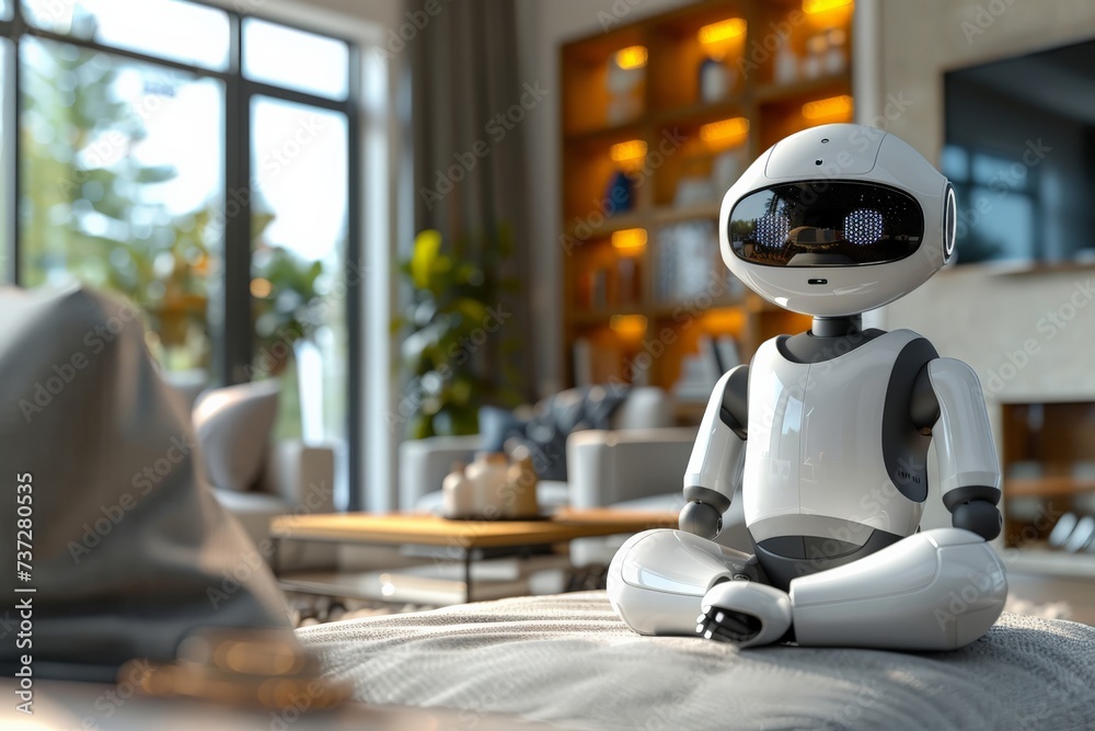 Domestic robot home assistant with a friendly appearance in the living ...