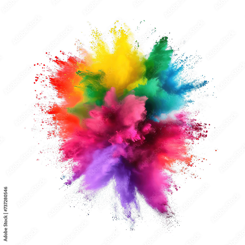 The image displays a dynamic burst of brightly hued powder, showcasing ...
