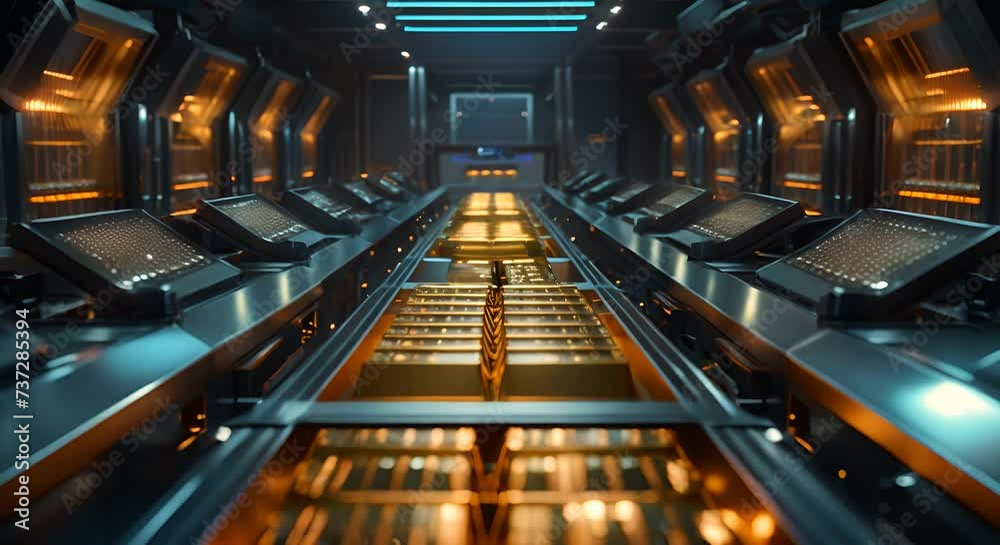 Innovative bank vault scene, gold bars arranged on automated conveyor ...