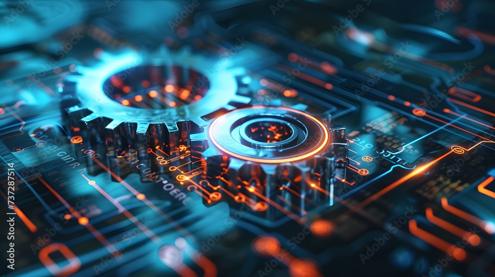 Gears icon on a digital display with reflection. Concept of business process workflow ...