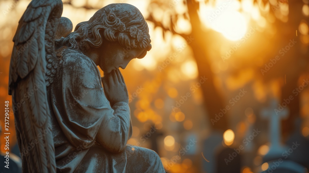 Angel statue grieving and praying on graveyard at golden hour in autumn ...
