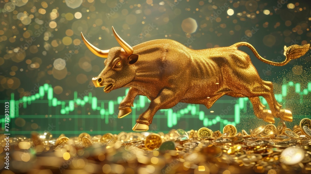 Golden Bull Jumping on Glittering Gold Coin Jewelry, Set Against a ...
