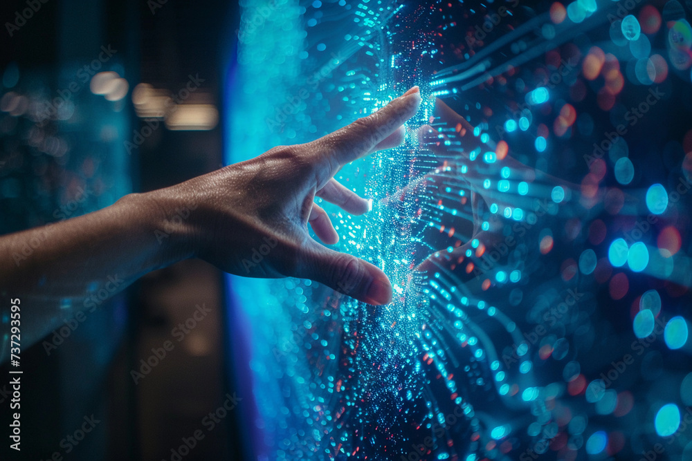 human hand touching a holographic interface with intricate data streams ...