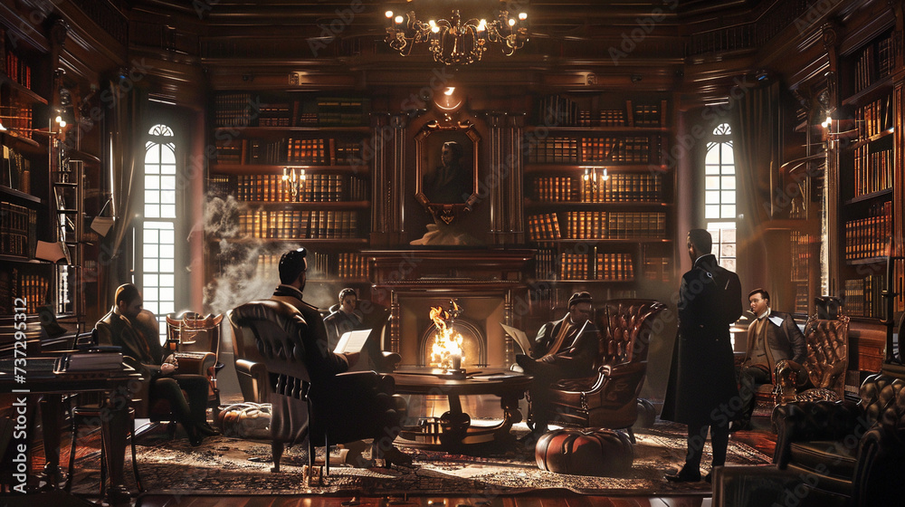 secret meeting in a vintage study room, detailed expressions of ...