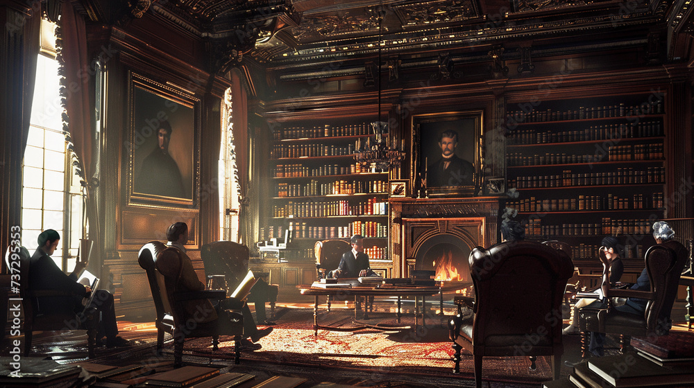 secret meeting in a vintage study room, detailed expressions of ...