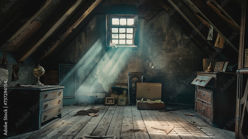 secret attic room, nostalgic memorabilia, rays of light through a small ...
