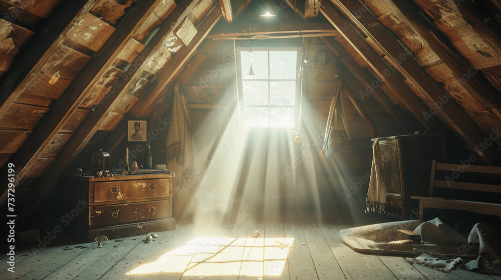 secret attic room, nostalgic memorabilia, rays of light through a small ...