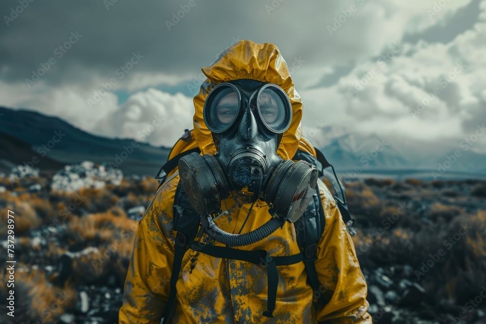 Person with a yellow anti radioactive chemical suit and a gas mask ...