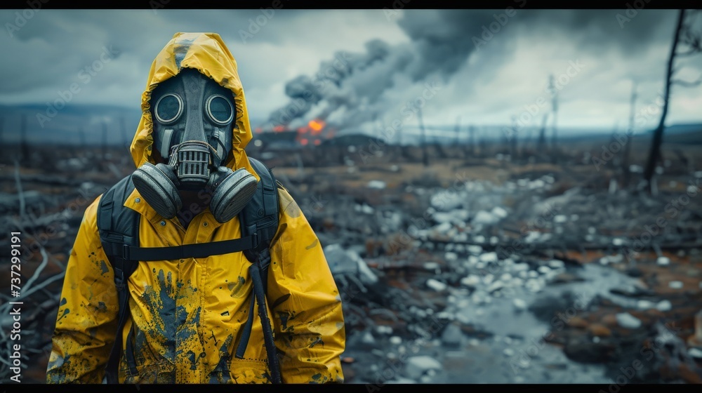 Person with a yellow anti radioactive chemical suit and a gas mask ...