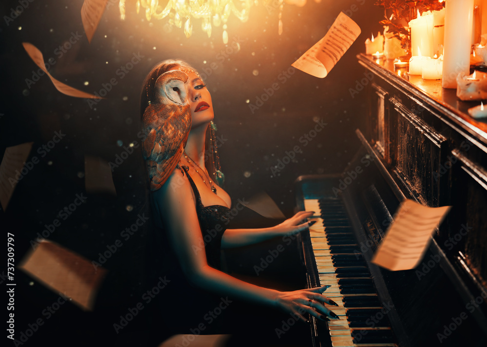 Art Photo real fantasy woman musician plays magical melody on the piano ...