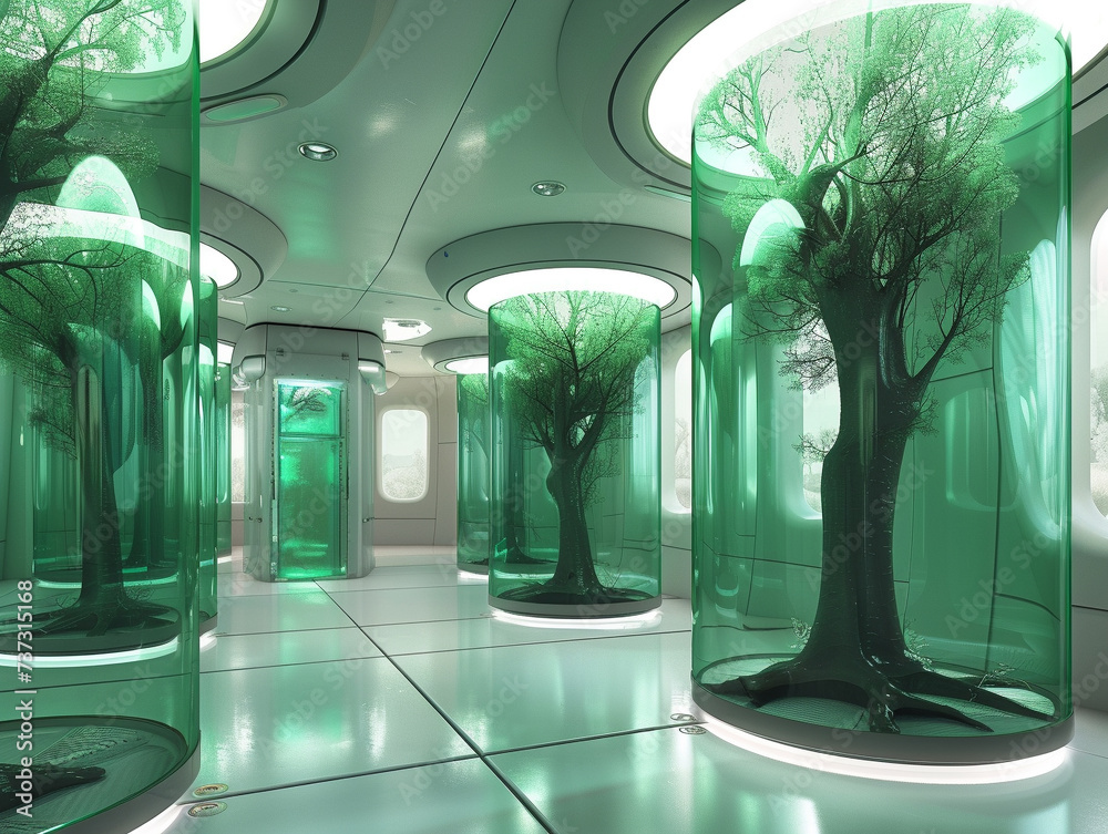 A collection of stasis pods designed to resemble trees set in a state ...