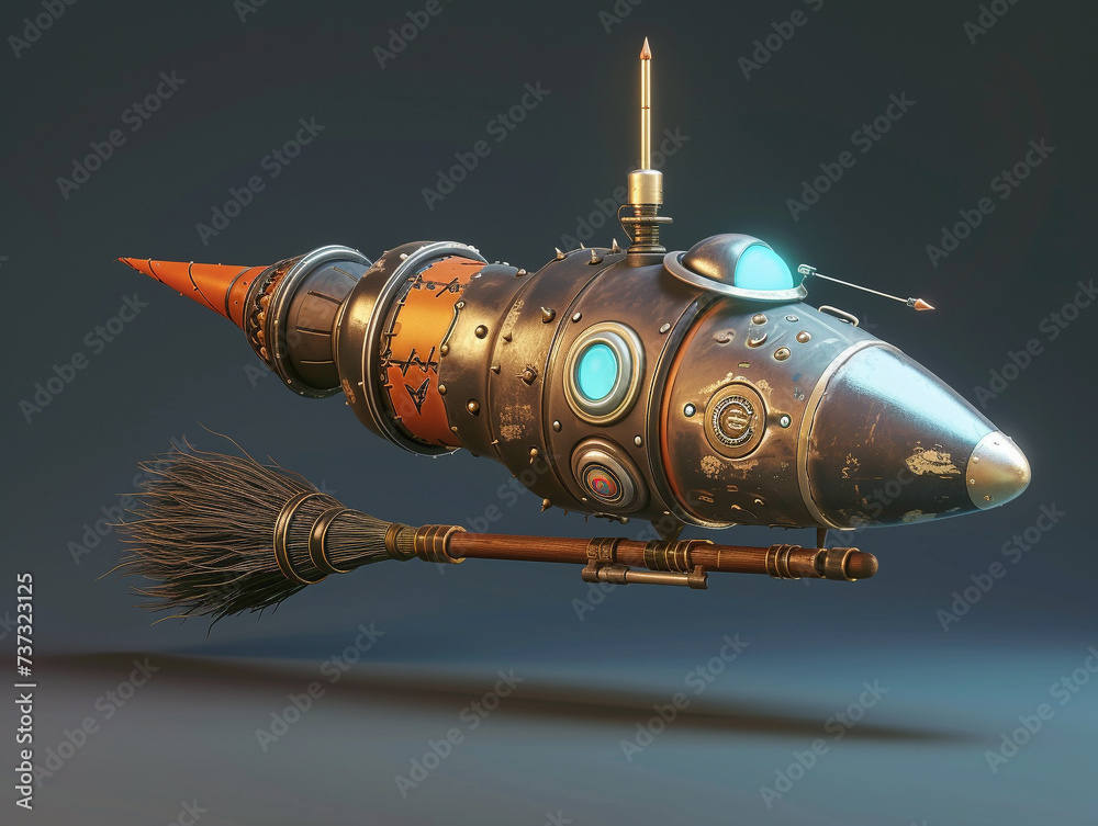 A vintage broom in the front gradually transforming into a tech savvy ...