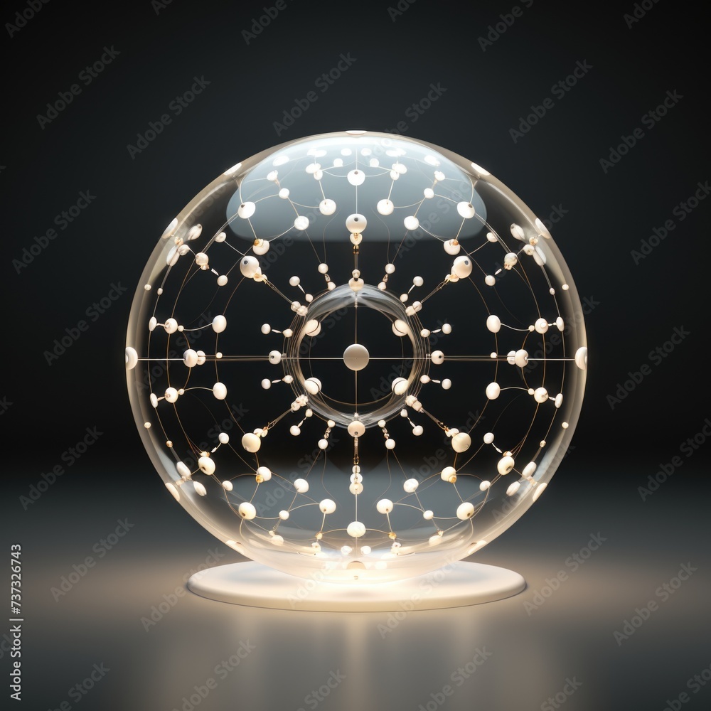 The image features a three-dimensional spherical grid structure ...