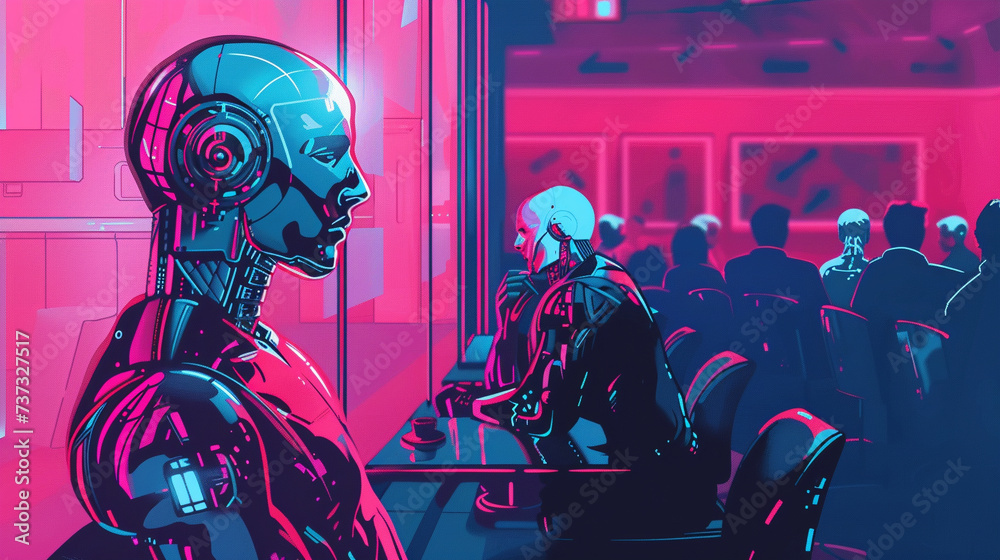 Depict a drama filled scene in an illustration where a chrome skinned ...