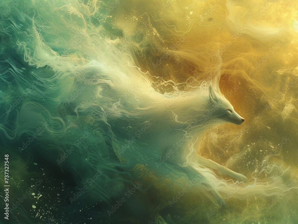 Depict an exquisite ethereal beast roaming within an abstract ...