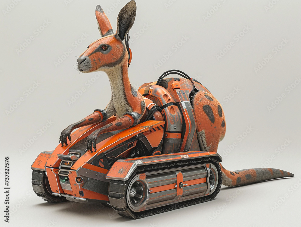 Design a 3D render of a vivid fusion of a kangaroo and an armored tank ...