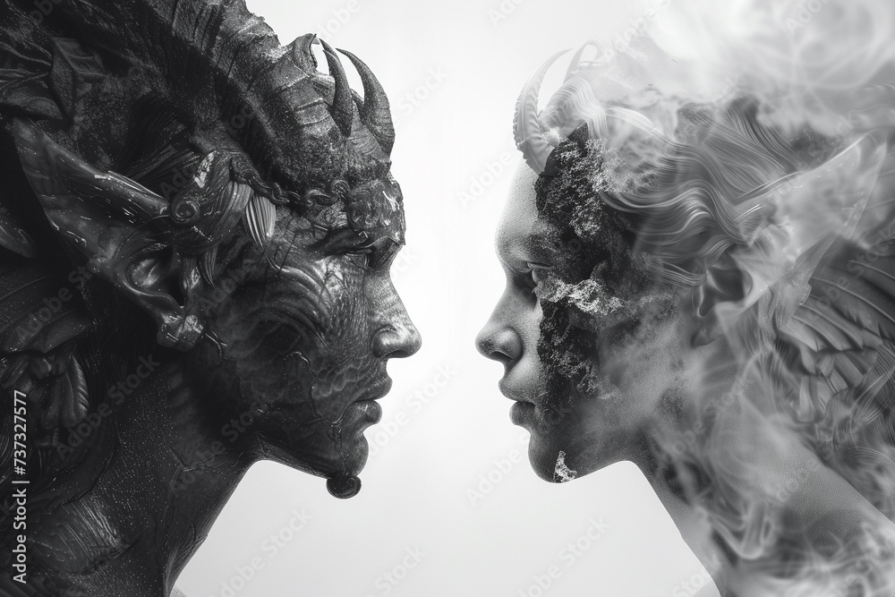 Depict an angel and a demon as two sides of the same coin with a double ...