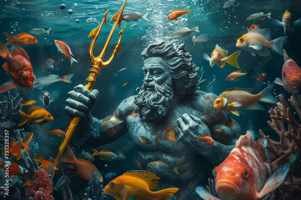 Design an image of Poseidon with a gold colored trident under the ocean ...