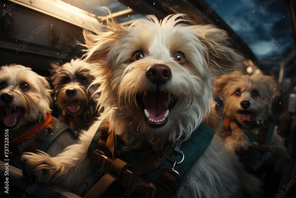 Dogs fly comfortably on an airplane wearing a pilot's uniform. Stock ...