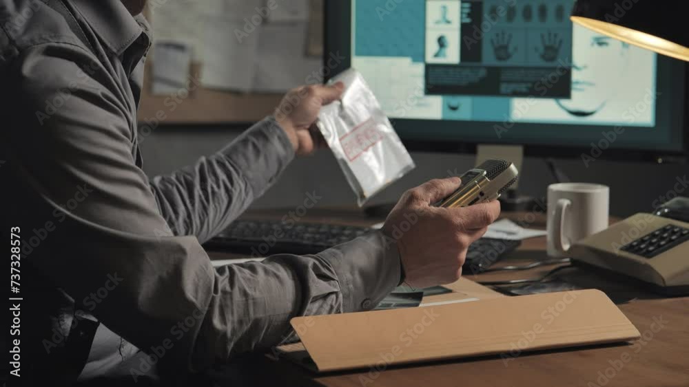 Crime investigation male police detective sits in the interrogation ...