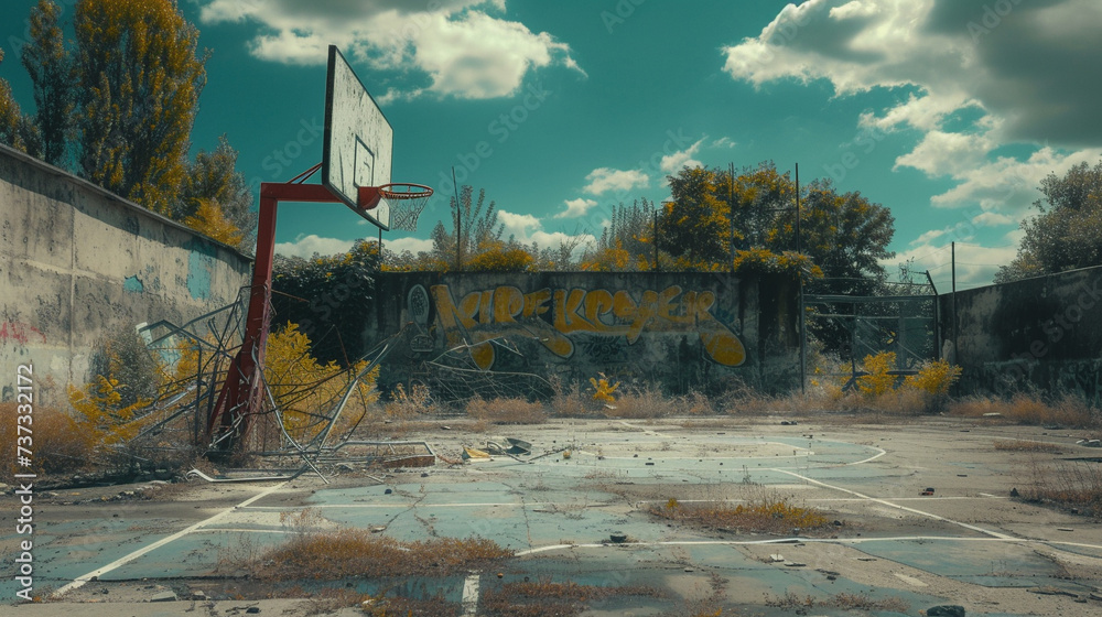 Tattered remnants of a once vibrant basketball court in a post ...