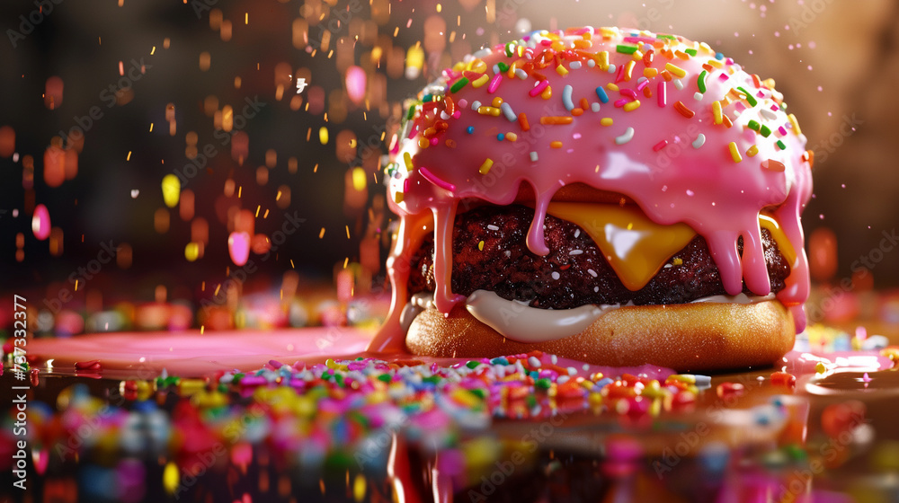 Unique representation of a fast food burger dripping with fondant icing ...