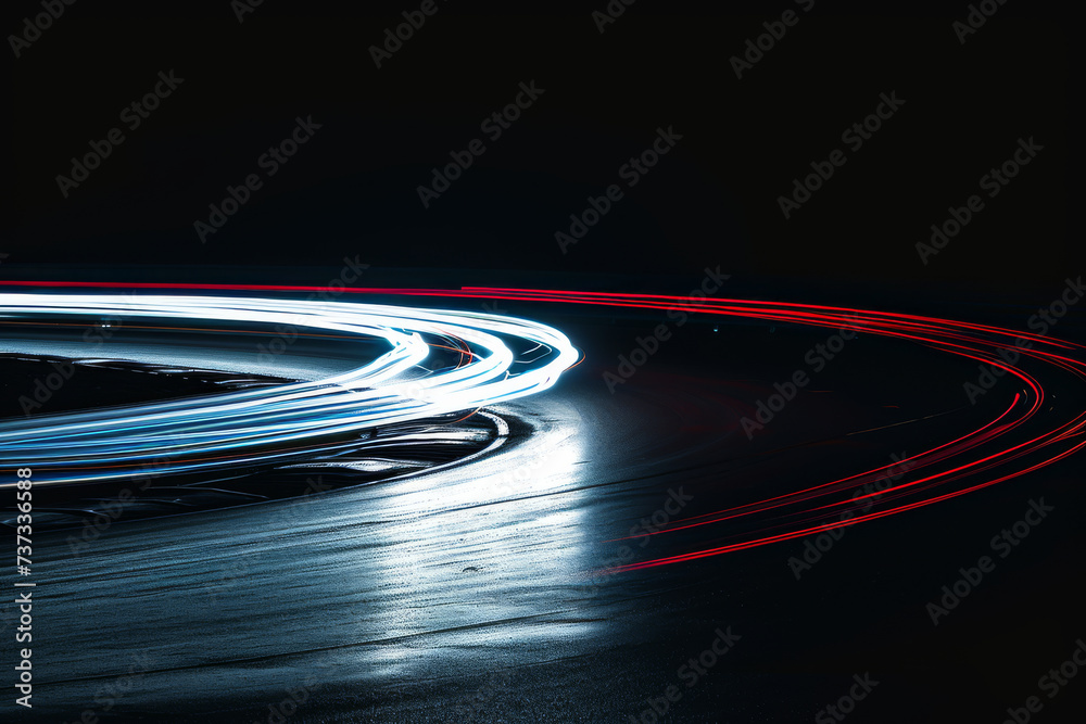 Car headlight marks trace a luminous path along the road, casting an ...