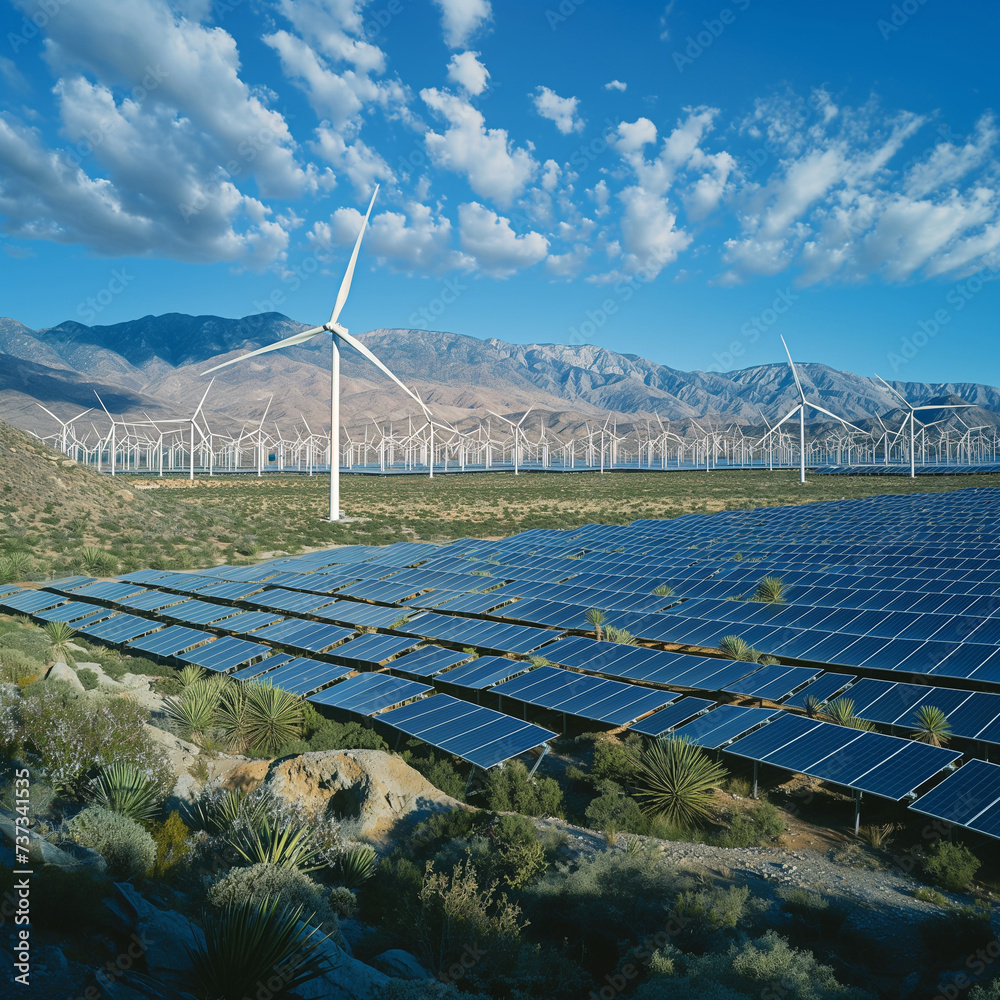 Solar and Wind Farm In Desert. Solar panels lined on the ground with ...