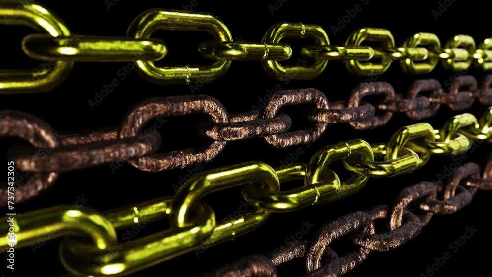 Realistic looping 3D animation of the opposite moving gold chains and ...