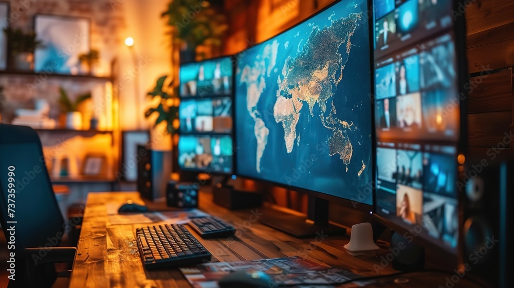 An operational command center equipped with multiple screens displaying ...