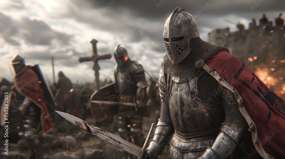 Medieval knights are fighting in front of the castle, the siege. War ...