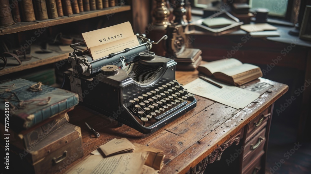writer's desk with a typewriter, manuscript, and copyright certificate ...