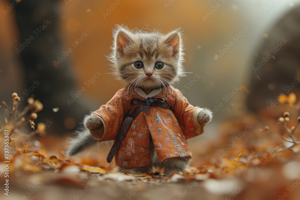 gatito bebé caminando sobre sus patas traseras, hanbok tradicional ...