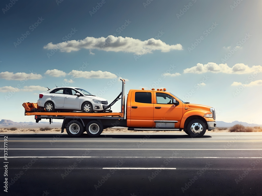 A generic unidentifiable car carried on a towing or recovery breakdown ...