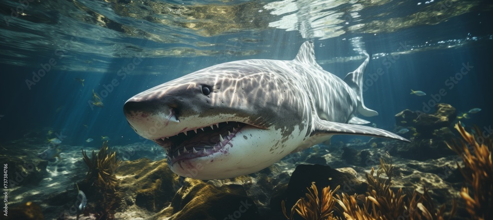 Underwater predator hunting prey large shark seeking food in stunning ...