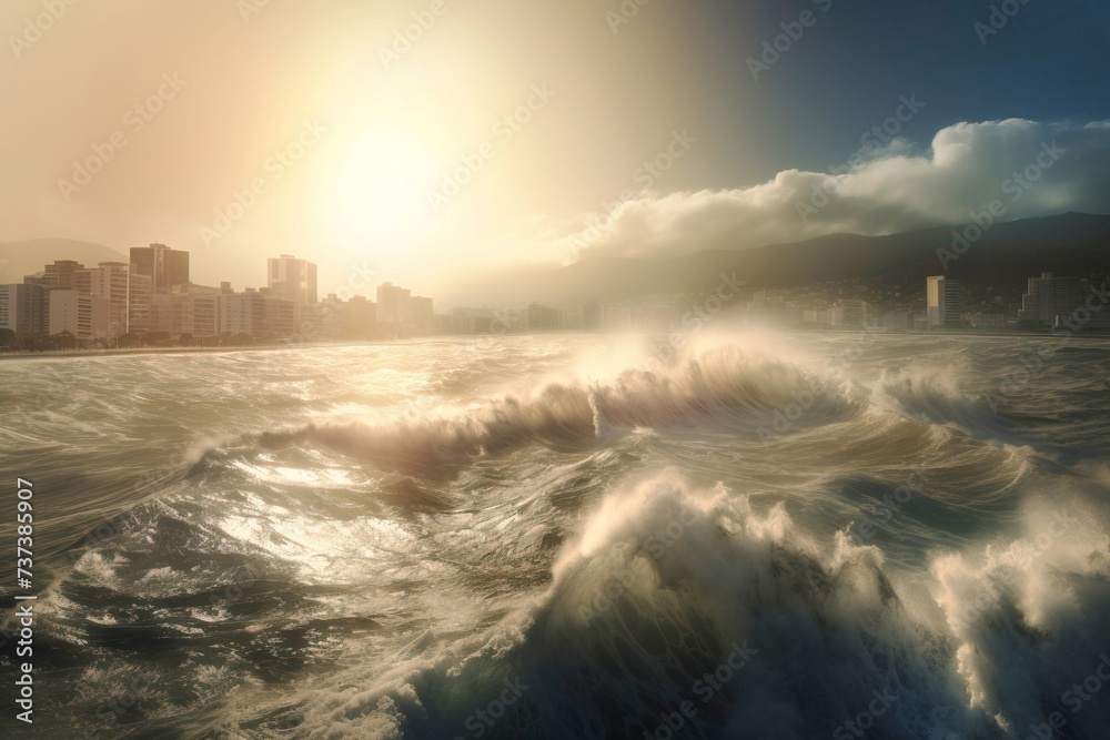 Destructive oceanic tsunami, high-rise buildings background. Natural ...