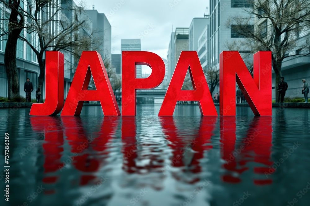 The word Japan is reflected in the water, creating an intriguing visual ...