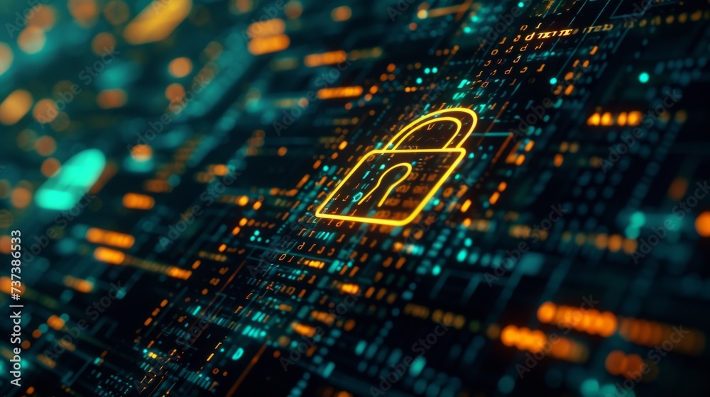 Cybersecurity concept represented by a glowing digital lock on an ...