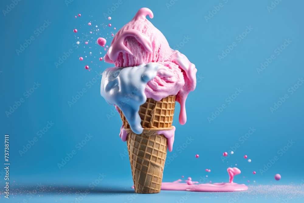 Whimsical display of pink and blue melting ice cream scoops in a cone ...