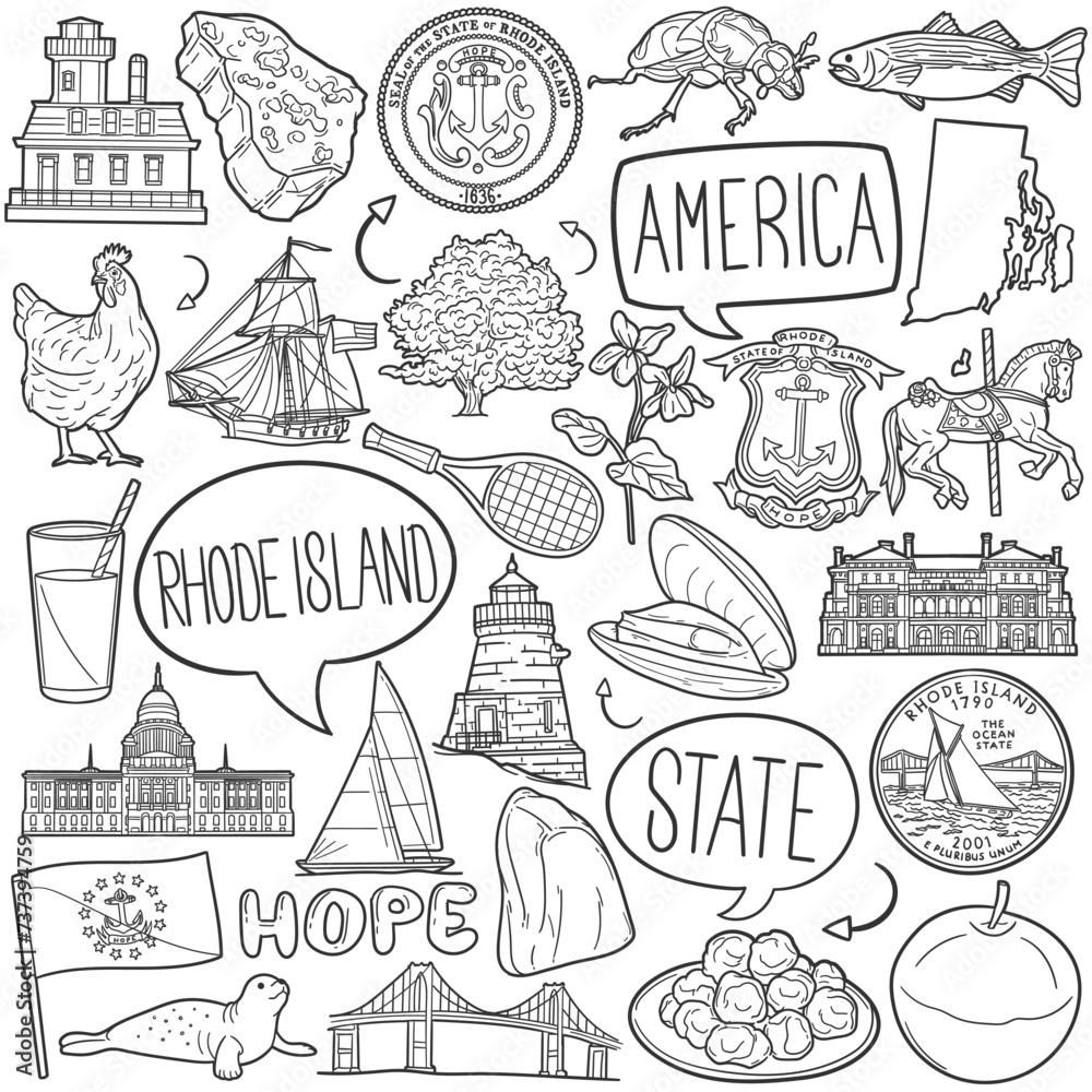Rhode Island Doodle Icons Black and White Line Art. USA State Clipart ...