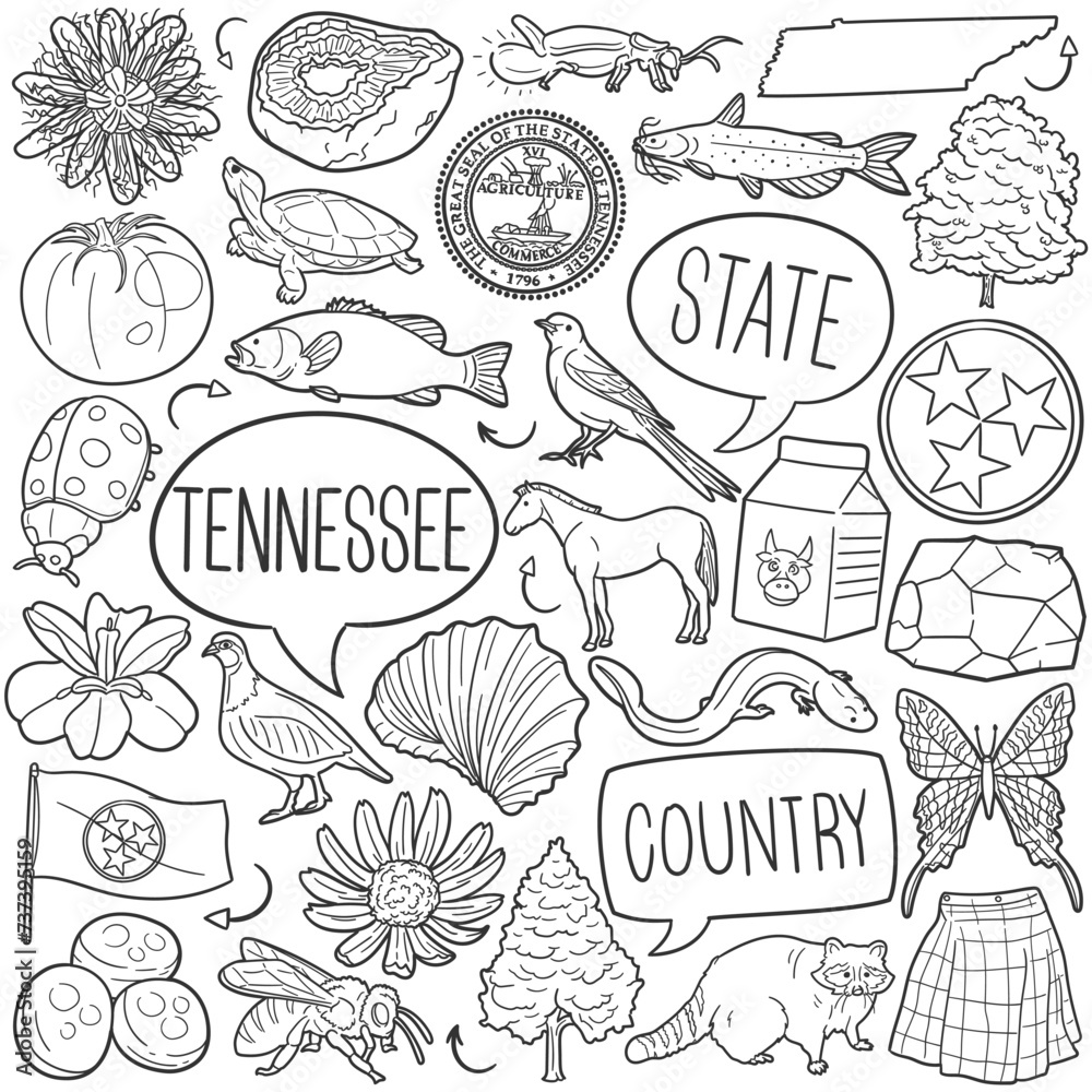 Tennessee Doodle Icons Black and White Line Art. USA State Clipart Hand ...